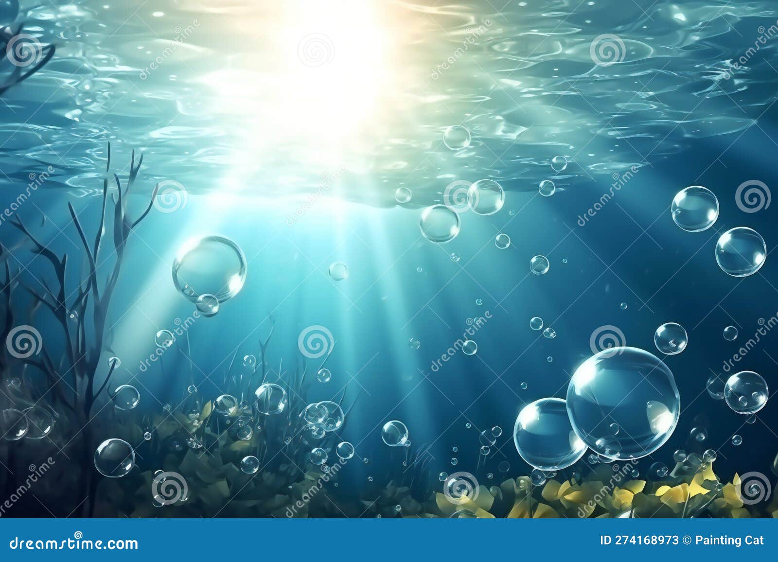 Underwater Scene with Bubbles and Sun Rays Stock Illustration ...