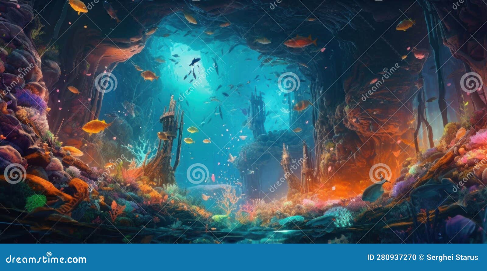 An Underwater Scene of a Cave with Fish and Corals. Generative AI Image ...