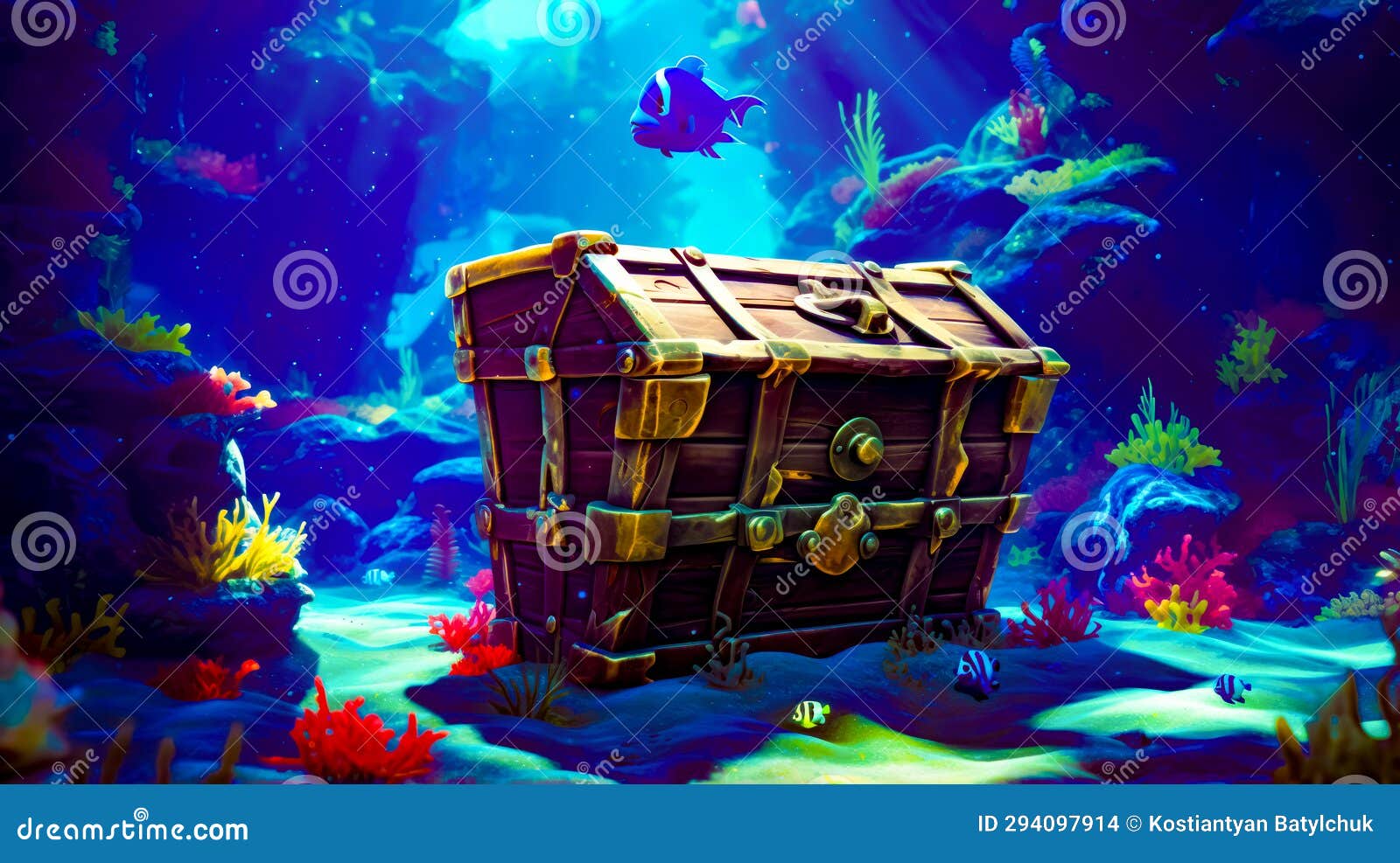 Underwater Scene with Chest and Fish in the Water and Fish in the Water ...