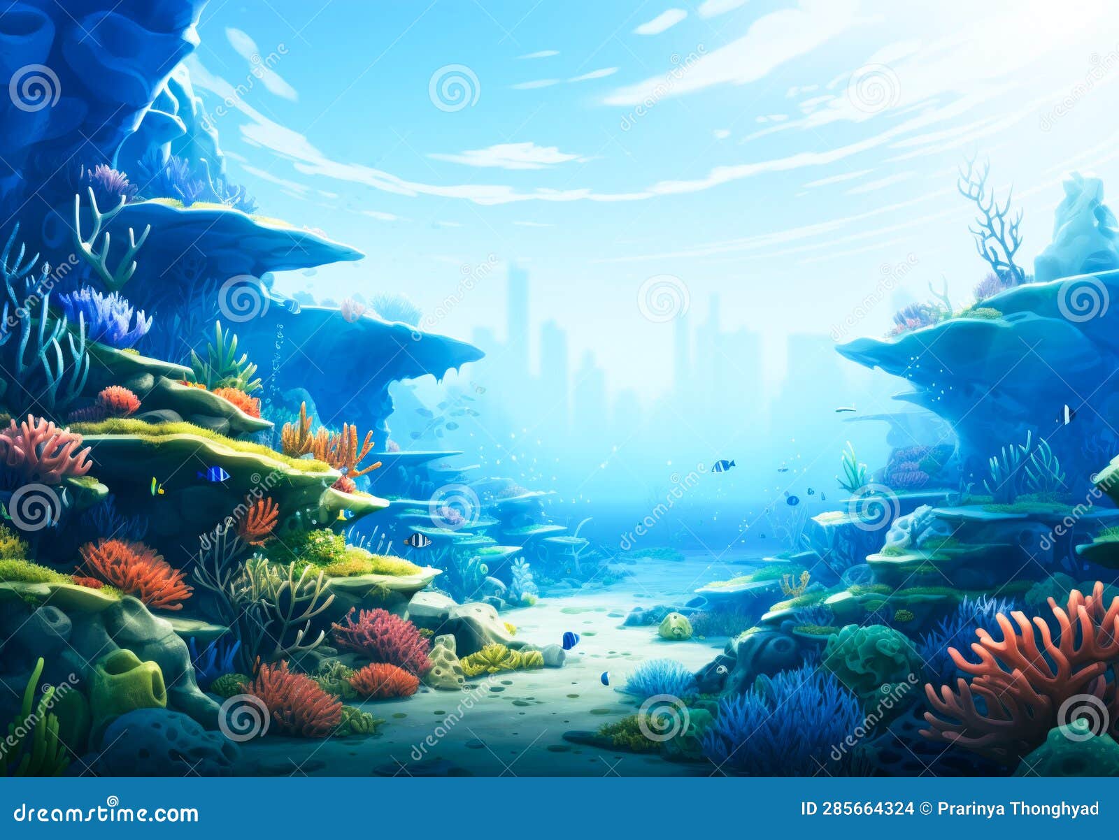 Underwater Scene with Corals and Tropical Fish Stock Photo - Image of ...