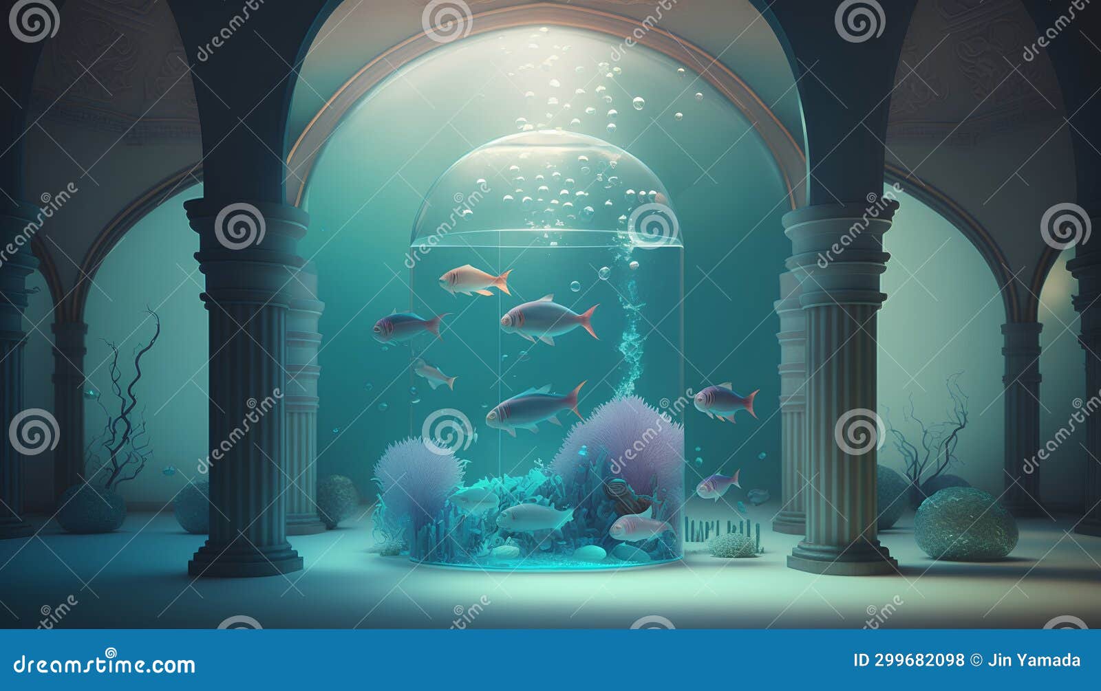 Underwater Scene with Fish in Glass Dome. 3d Illustration Stock ...