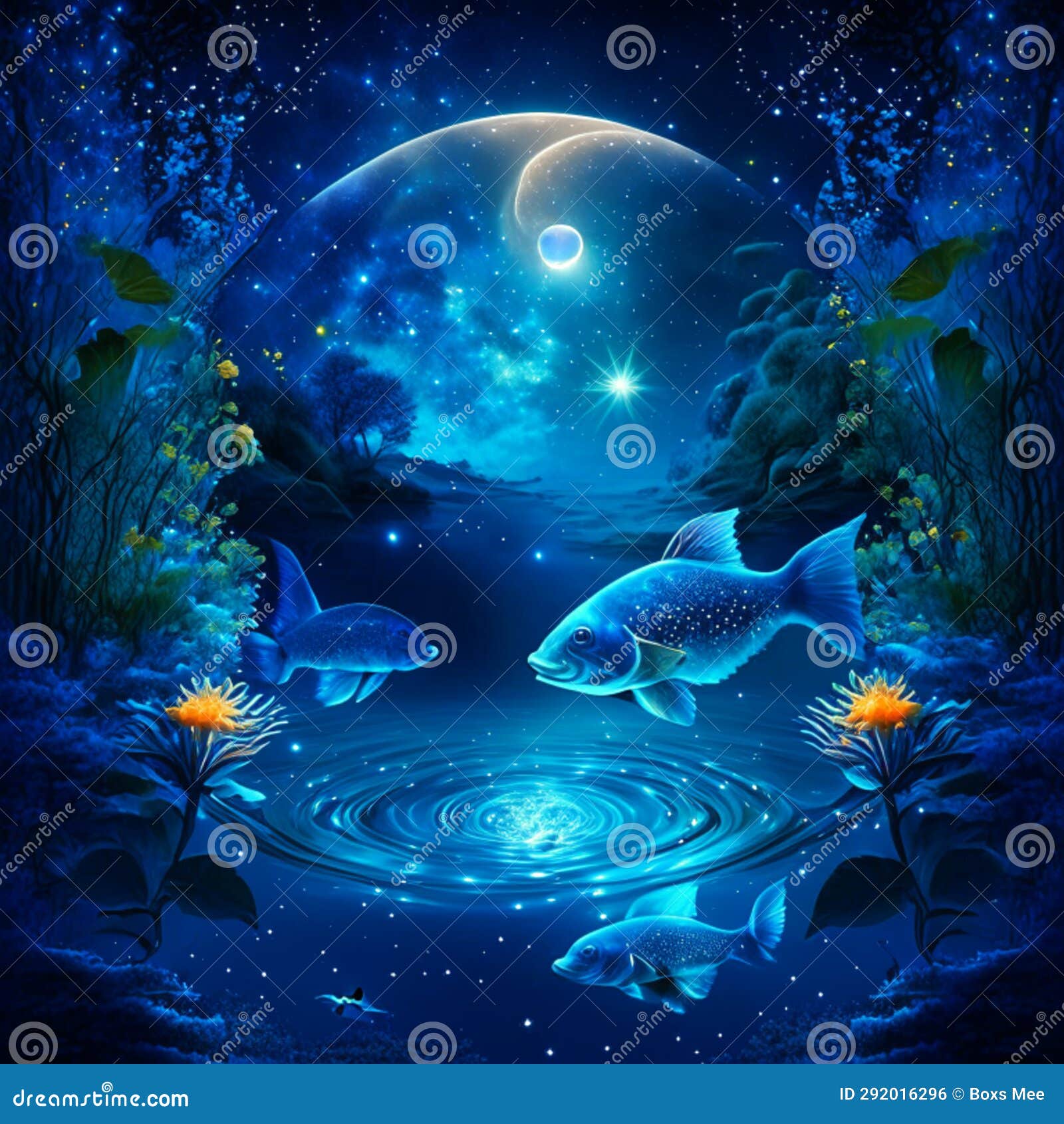 Underwater Scene with Fish and Moon. Vector Illustration for Children ...