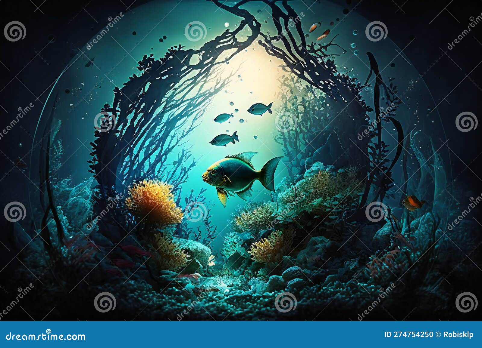 An Underwater Scene with a Fish Swimming Stock Illustration ...