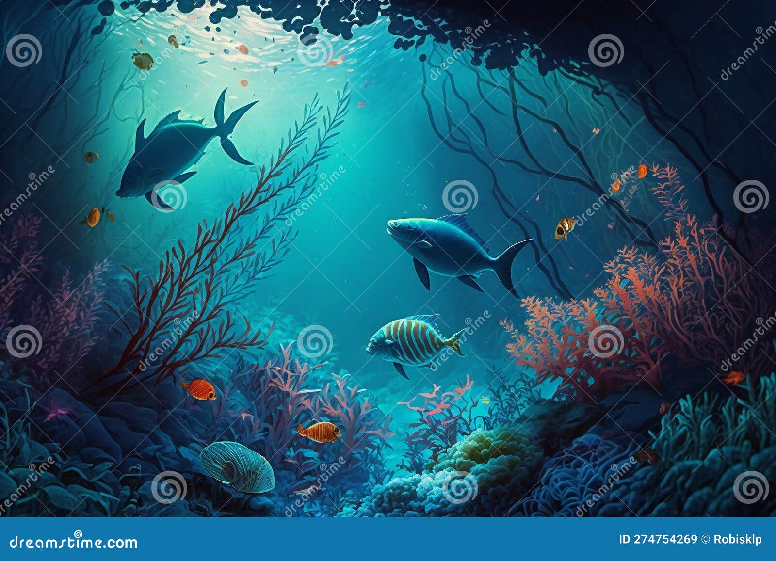 An Underwater Scene with a Fish Swimming Stock Illustration ...