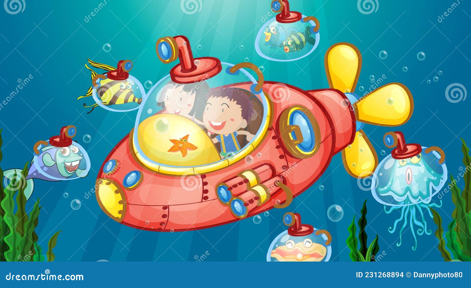 Underwater Scene with Happy Kids in Submarine Exploring Undersea Stock ... Underwater Scene with Happy Kids in Submarine Exploring Undersea Stock ...