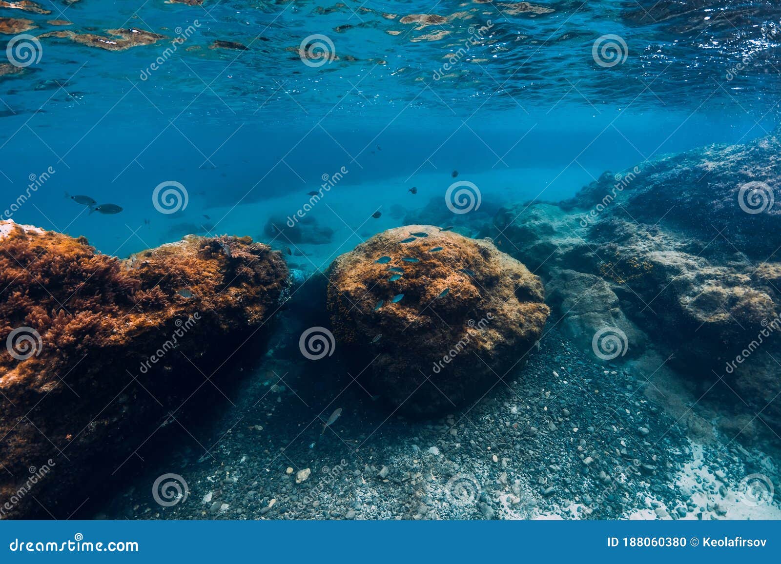 Underwater Scene with Rocks in Blue Water in Ocean Stock Photo - Image ...