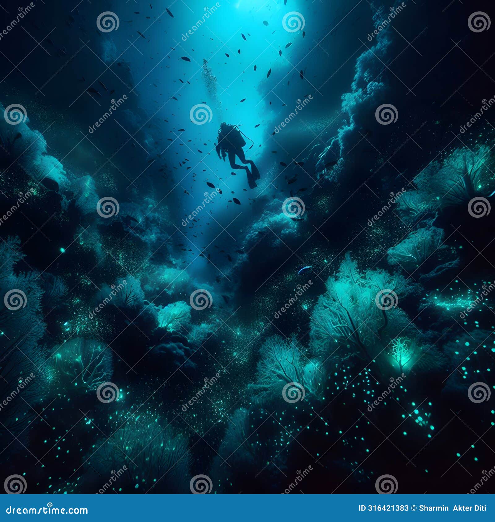 Underwater Scene with Scuba Diver and Corals. 3d Render Stock ...