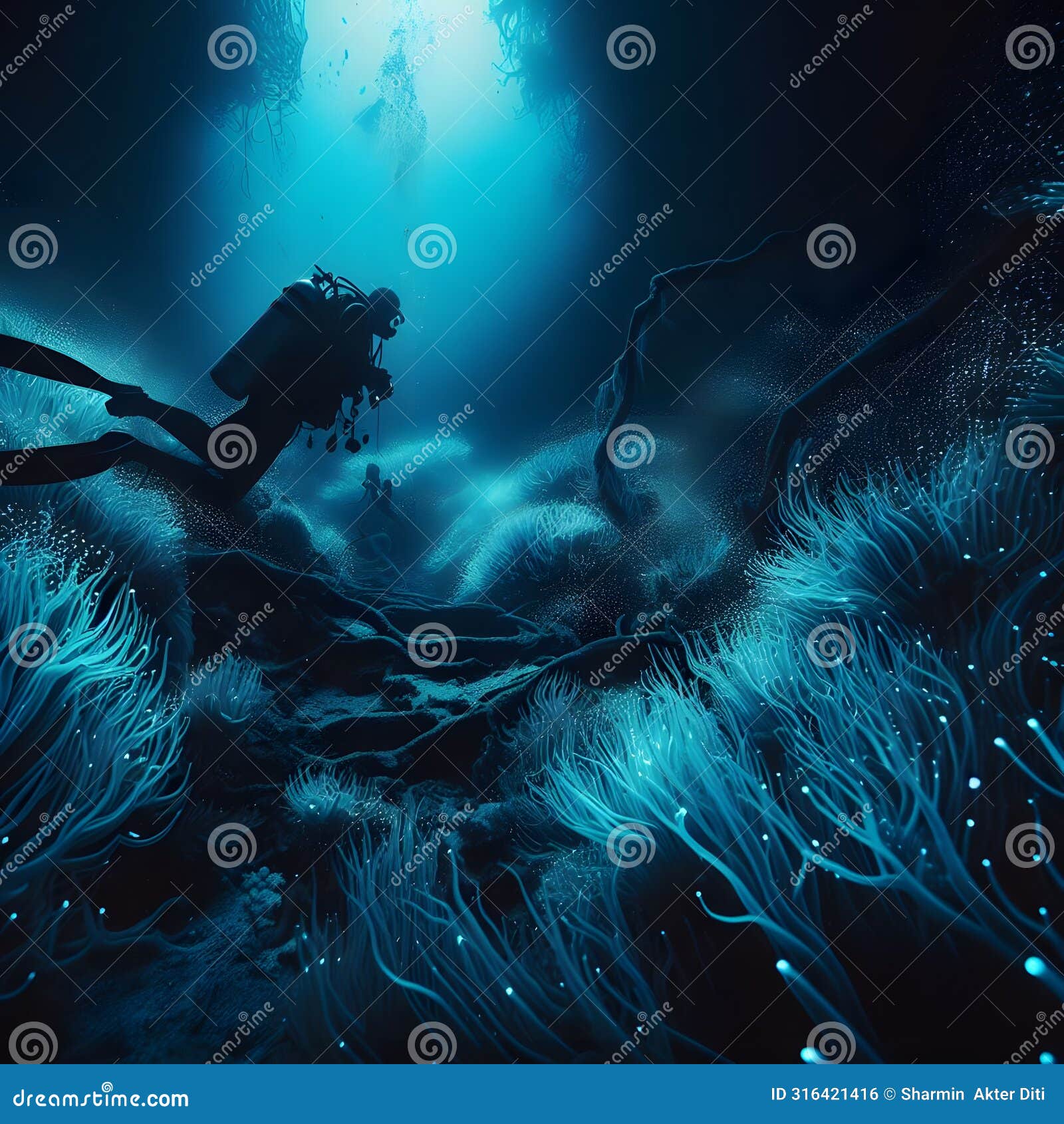 Underwater Scene with Scuba Diver and Corals. 3d Render Stock ...