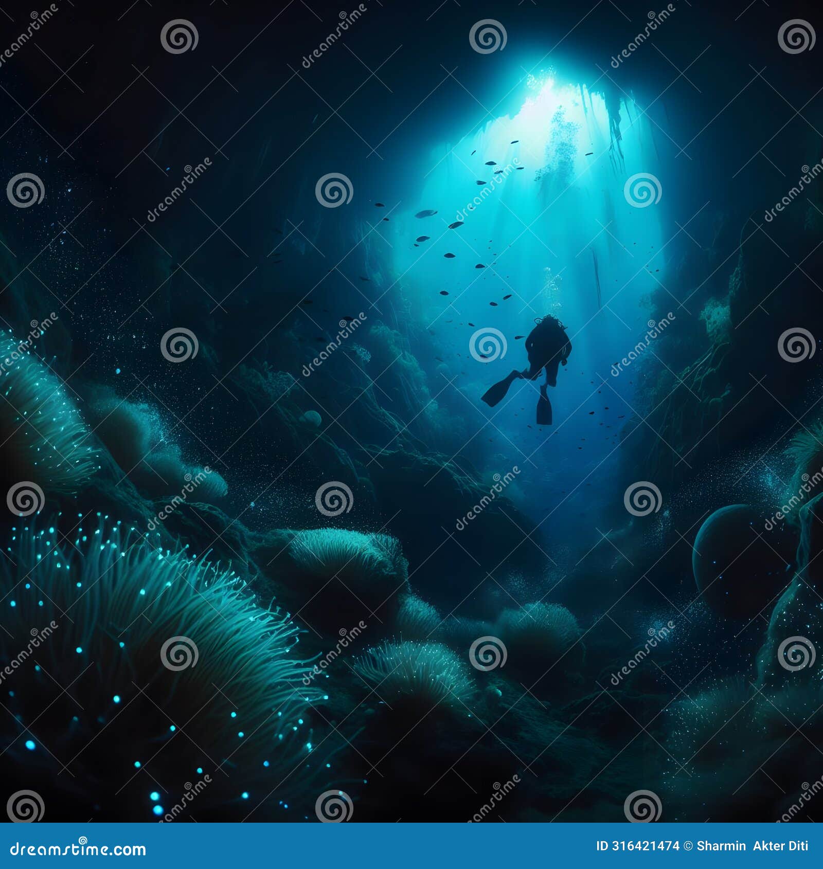 Underwater Scene with Scuba Diver and Corals. 3d Render Stock ...