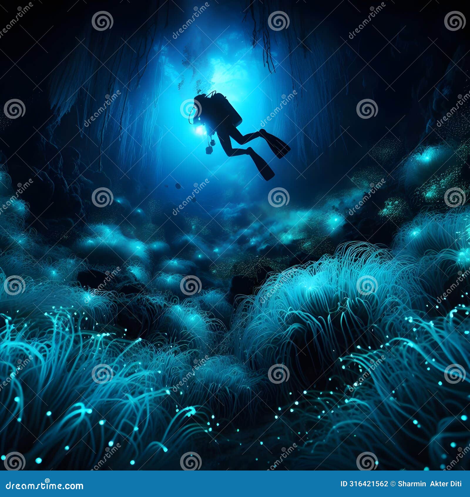Underwater Scene with Scuba Diver and Corals. 3d Render Stock ...