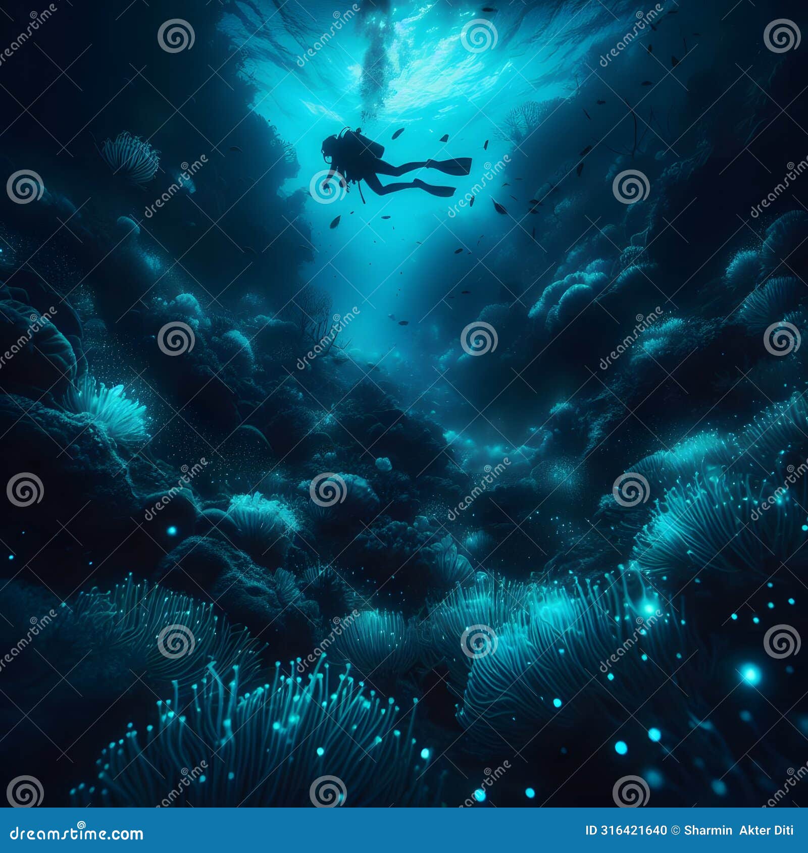 Underwater Scene with Scuba Diver and Corals. 3d Render Stock ...