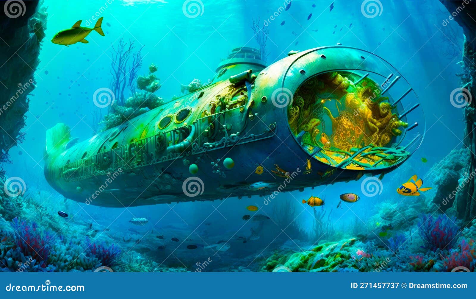 An Underwater Scene with Submarine and Fish. Generative AI Stock ...