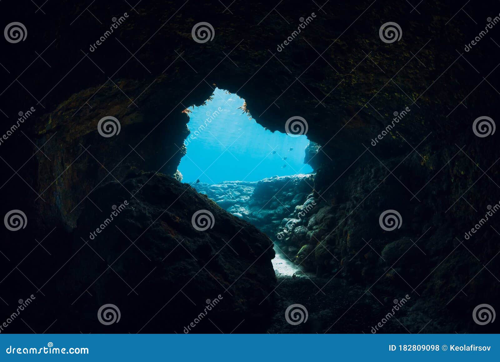 Underwater Scene with Tunnel Cave in Blue Ocean Stock Photo - Image of ...