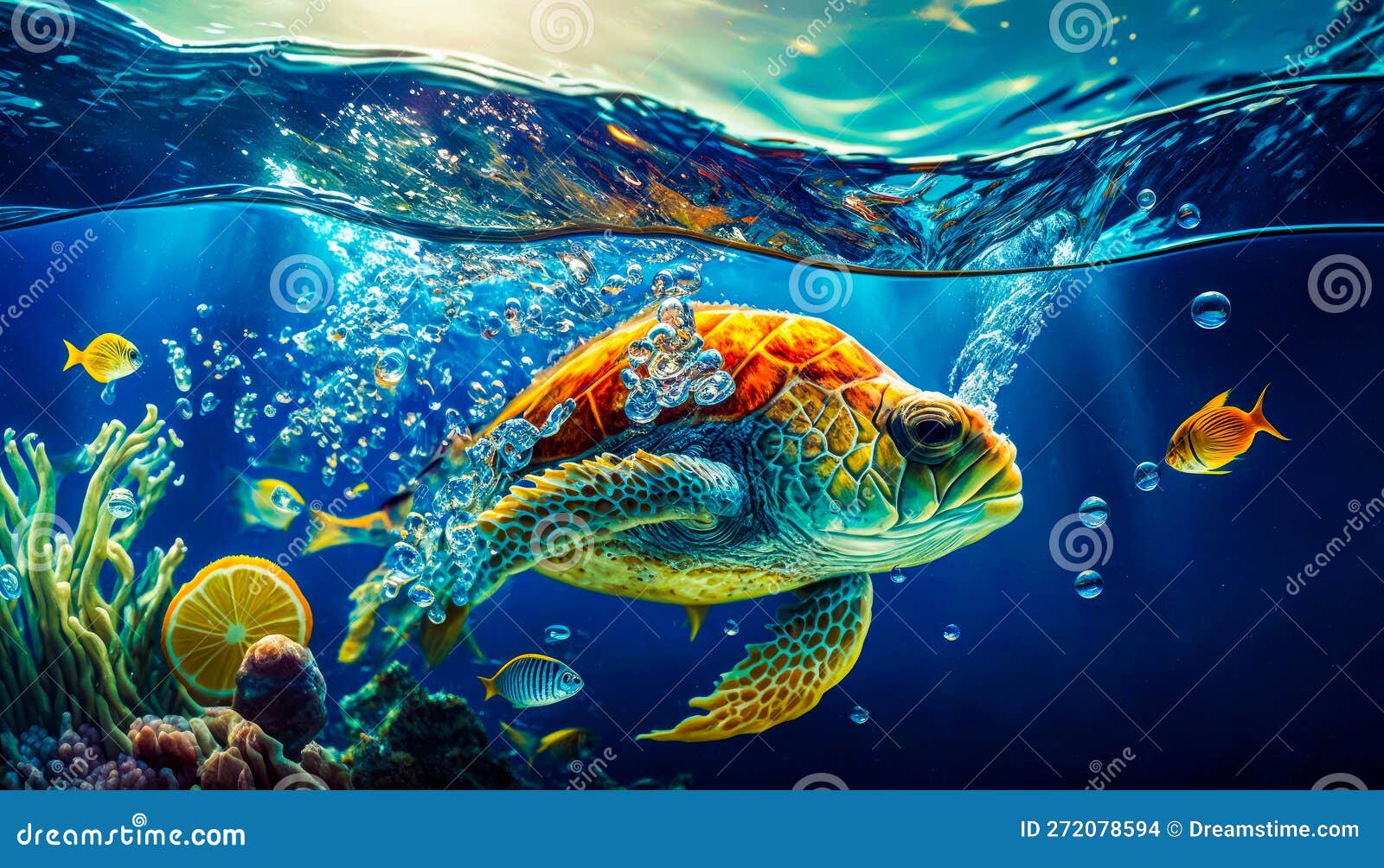 An Underwater Scene with Turtle and Fish. Use of Ocean Resources Stock ...