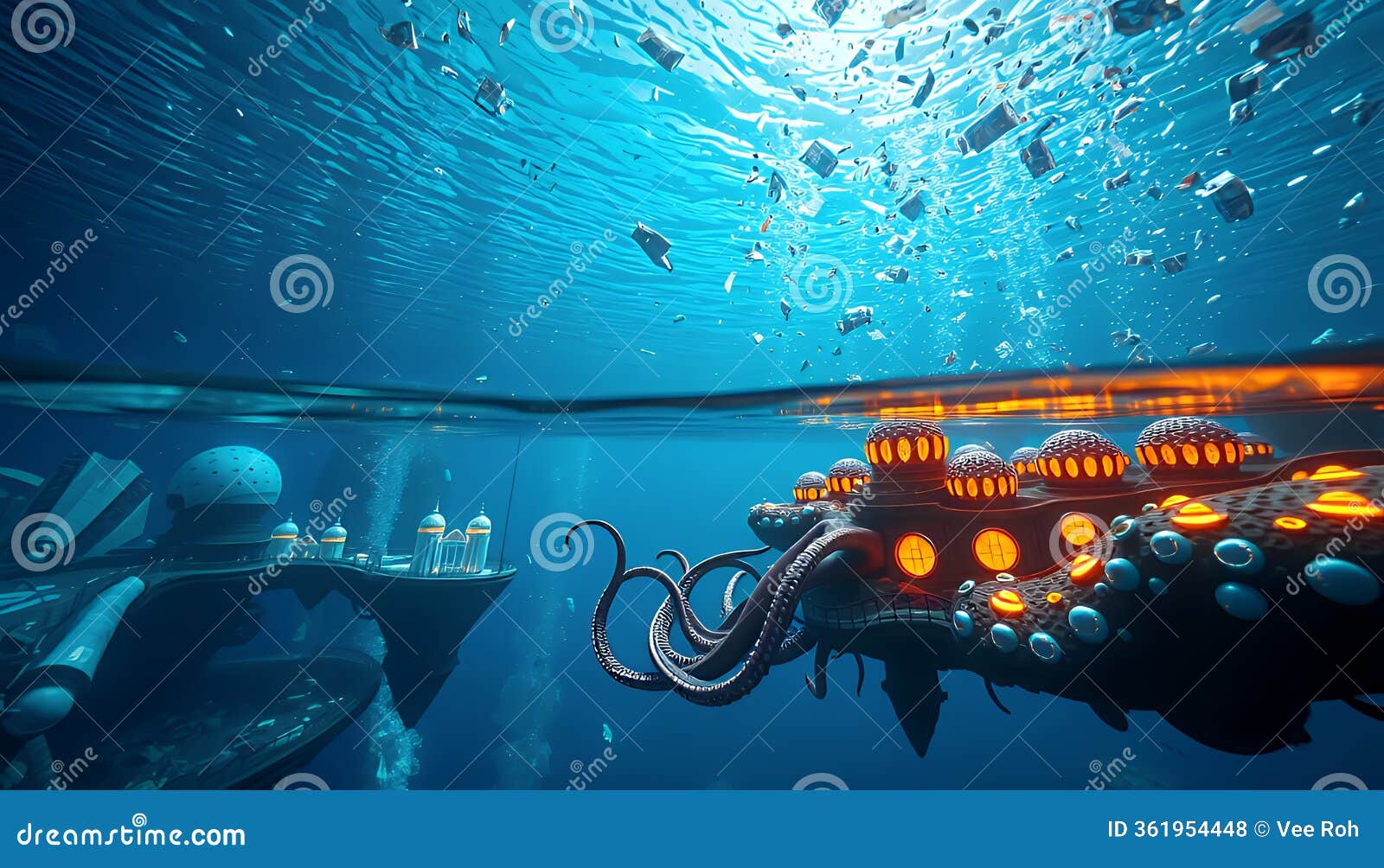 Underwater Scene With Underwater Structures And Luminous Underwater ...