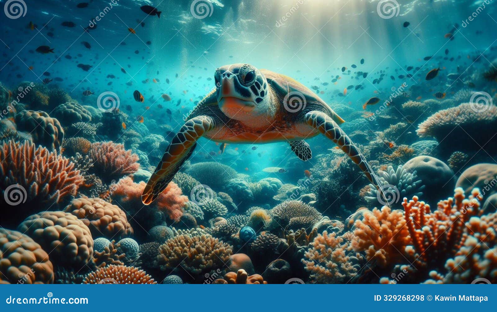 Sea Turtle Among Coral Reefs With Colorful Fish Royalty-Free ...