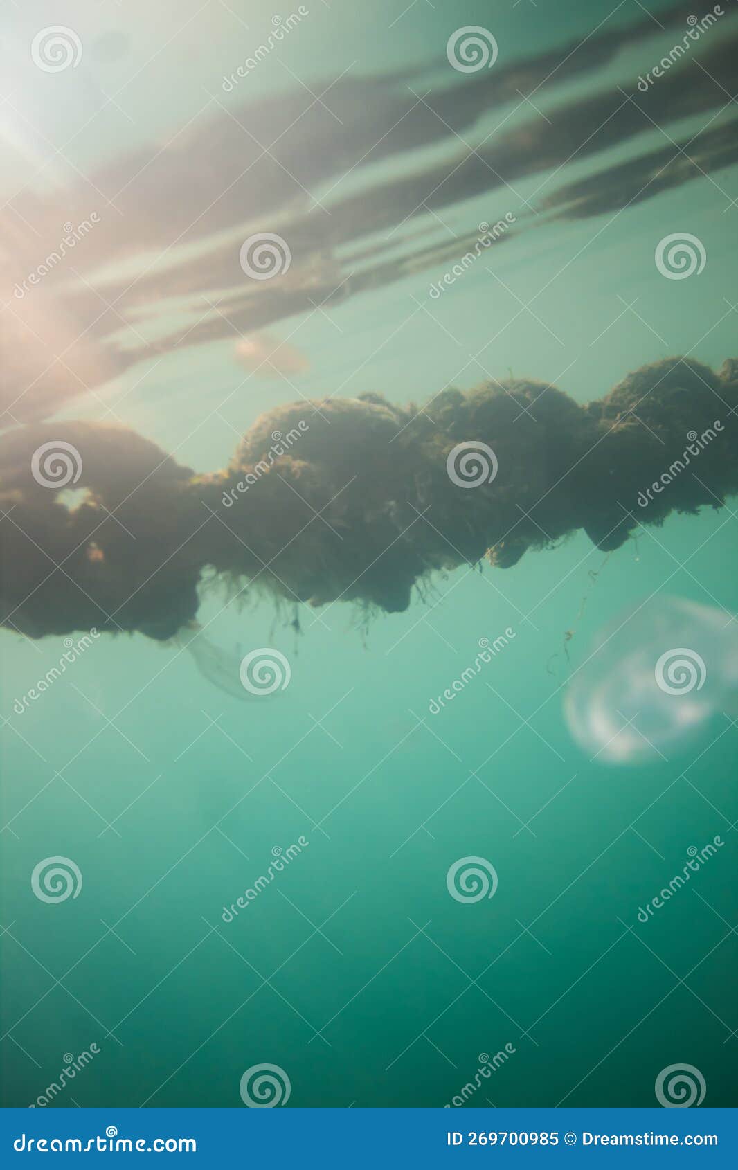 The Underwater Ship Chain is Covered with Algae. the Rays of the Sun ...