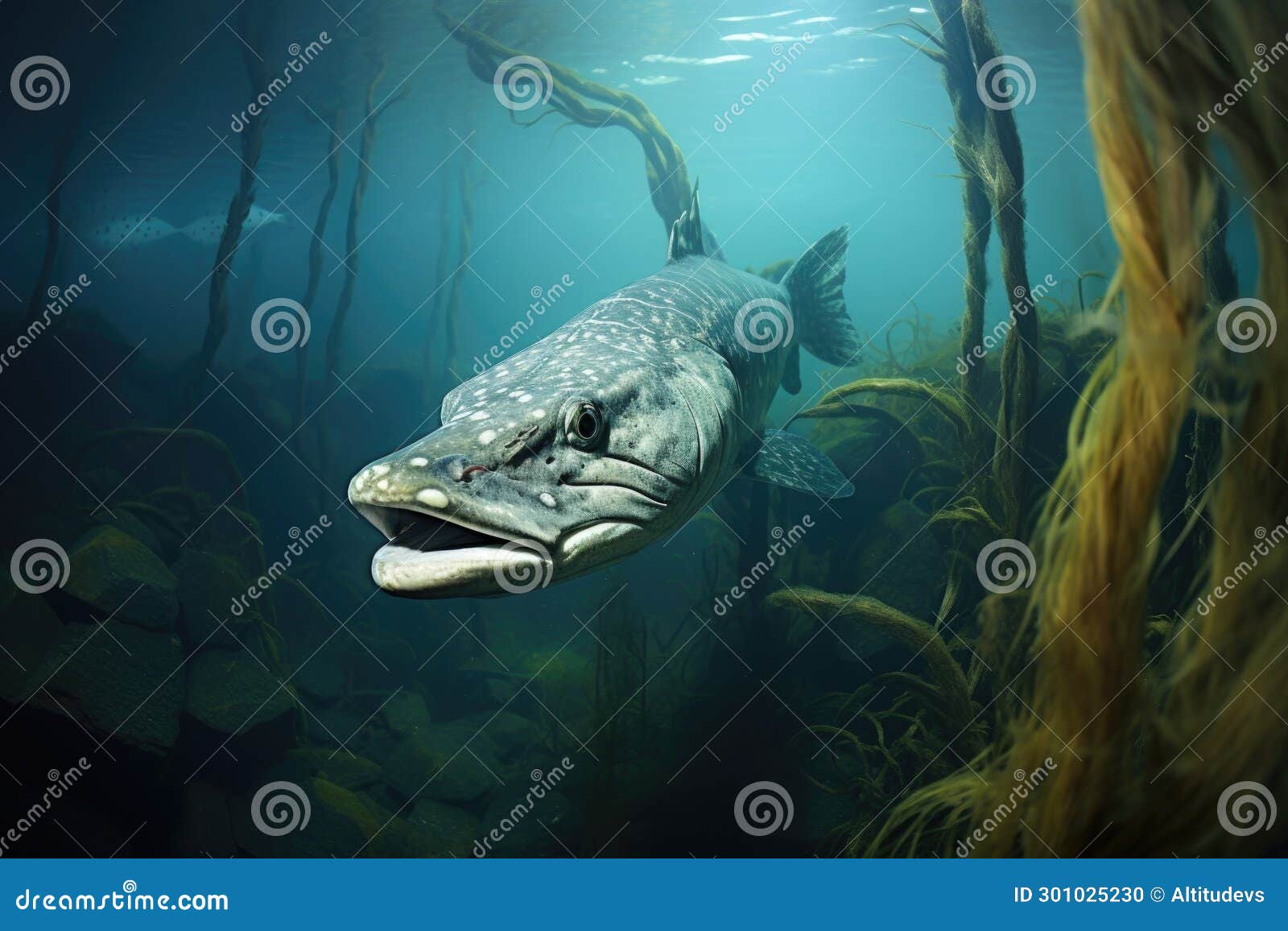 An Underwater Shot of a Pike Hiding in Aquatic Vegetation Stock Photo ...