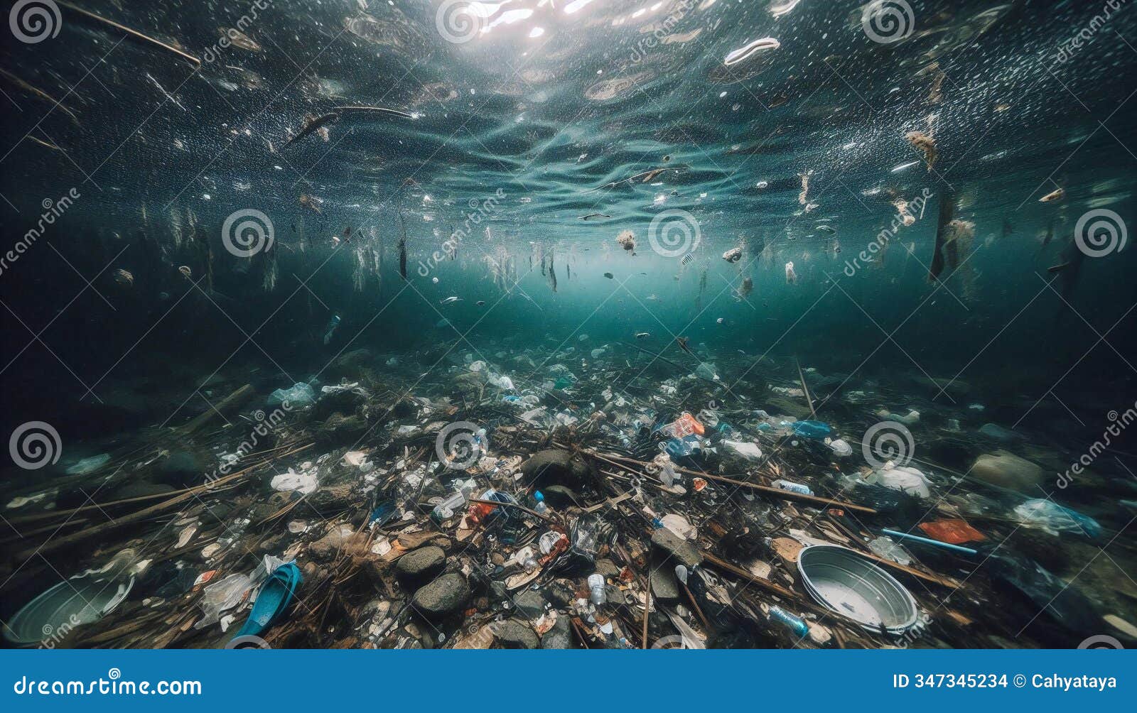 Underwater Shot of Polluted Riverbed Covered in Trash Stock ...
