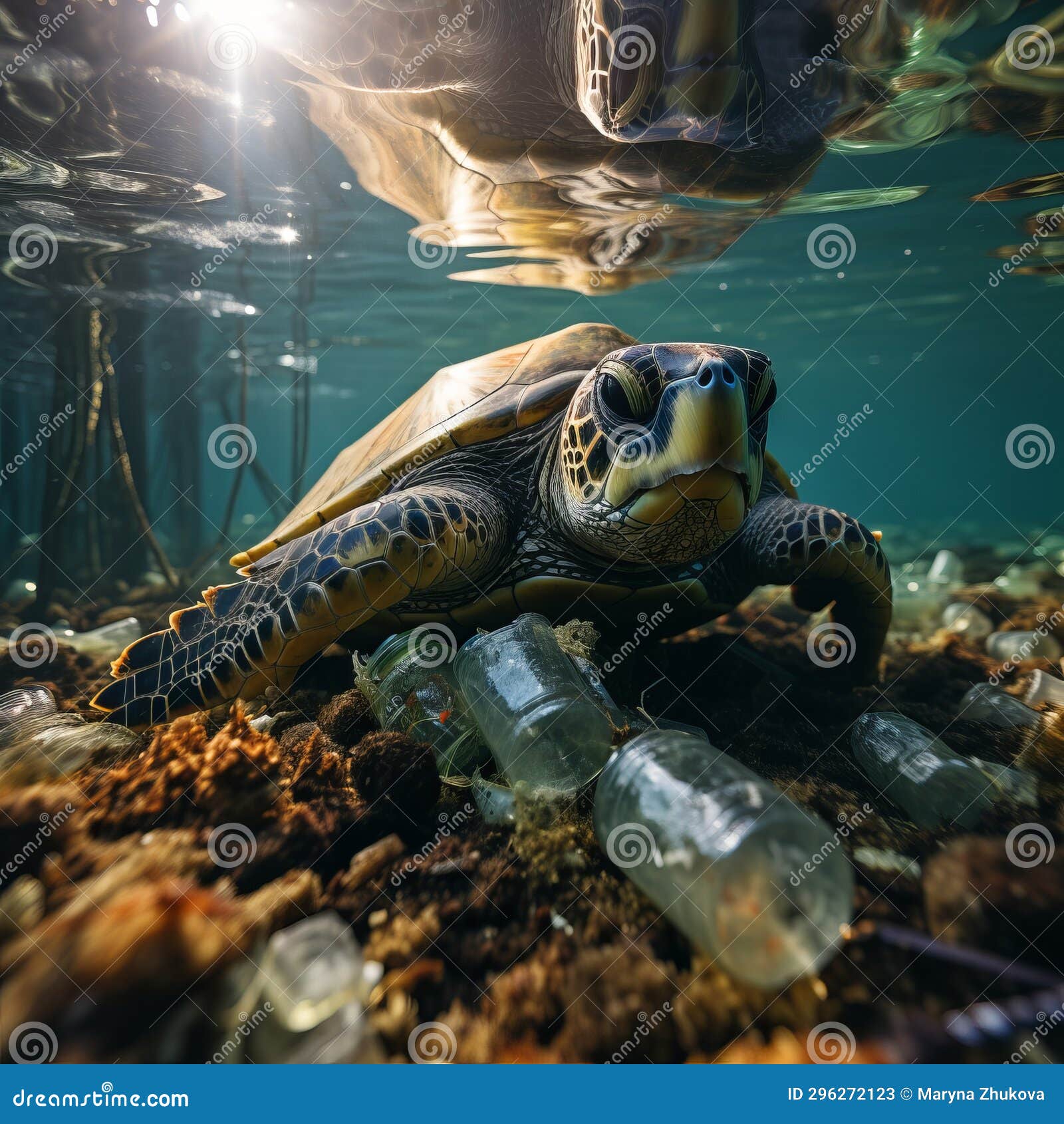 Underwater Shot of a Sea Turtle among Plastic Trash, Stock Illustration ...