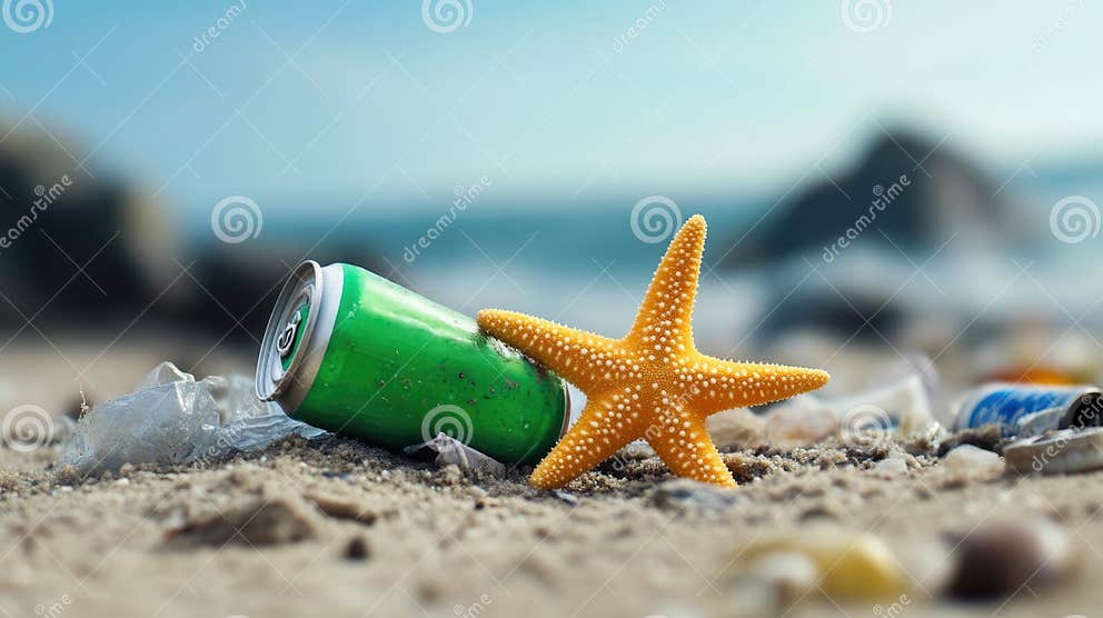 Underwater Starfish Surrounded by Human Waste. Stock Illustration ...