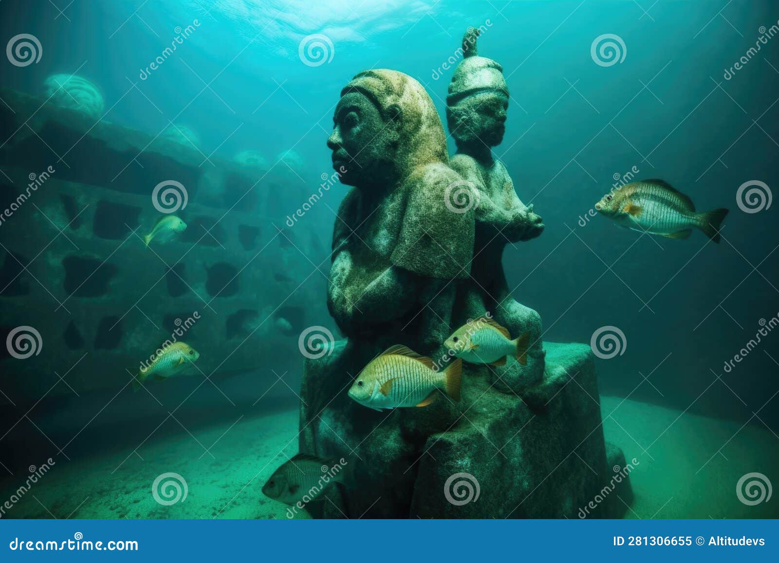 Underwater Statue with Curious Fish Swimming Around Stock Illustration ...