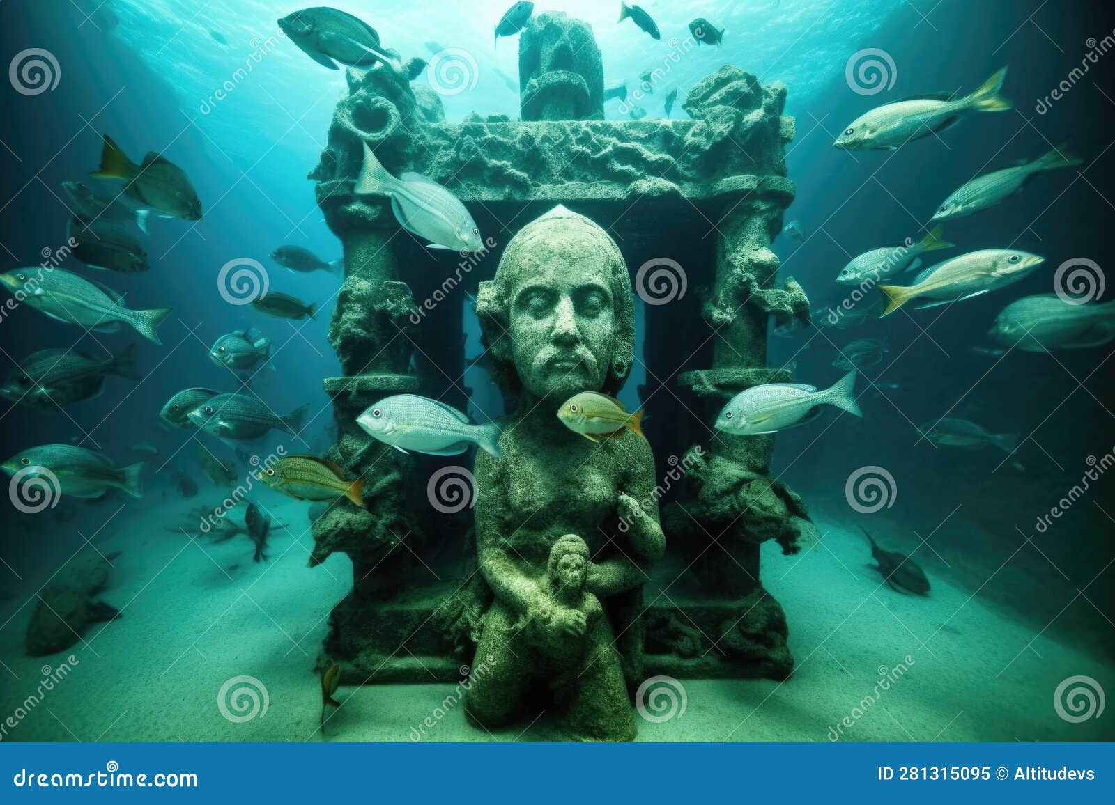 Underwater Statue with Curious Fish Swimming Around Stock Illustration ...