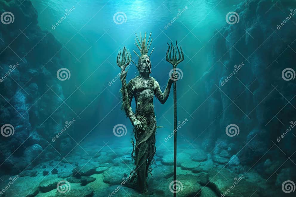 Underwater Statue of Poseidon with Trident Stock Illustration ...