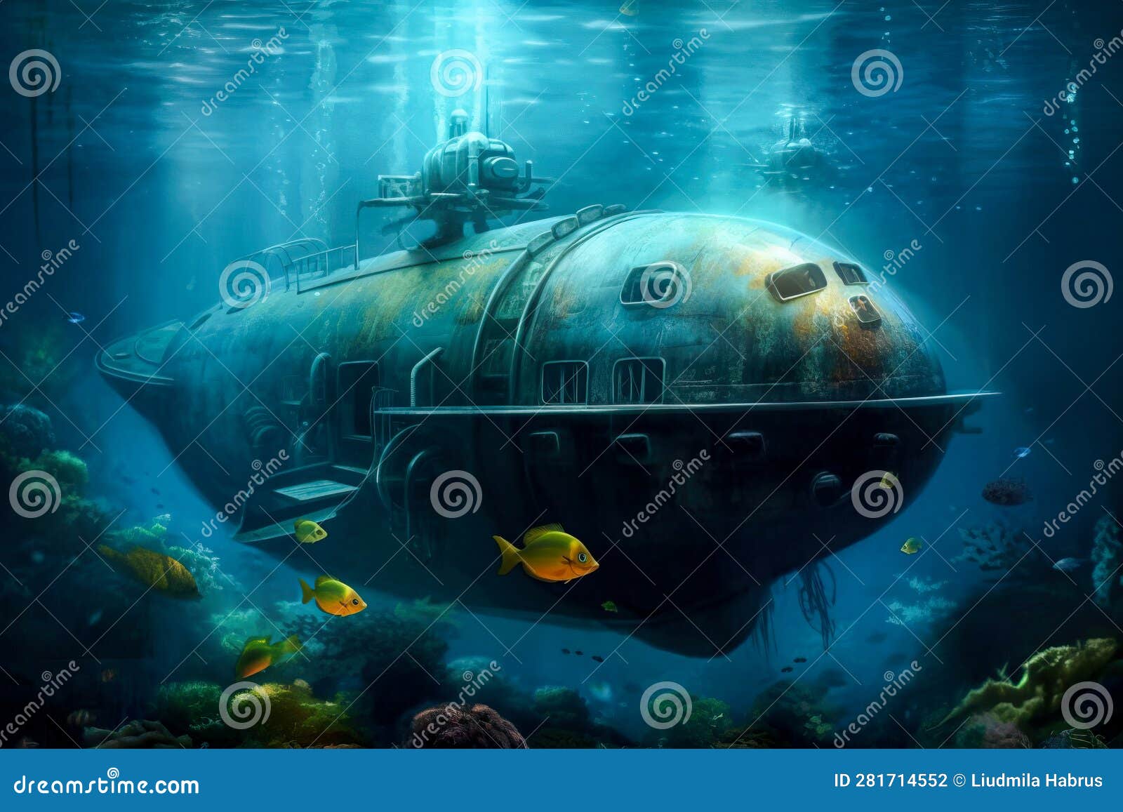 Underwater Submarine in the Deep Blue Water. Underwater World Stock ...