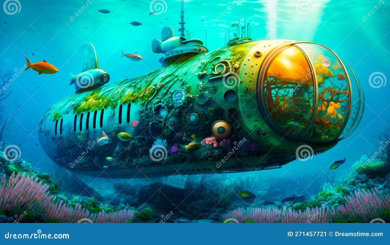 An Underwater Submarine with Fish and Coral. Generative AI Stock ...