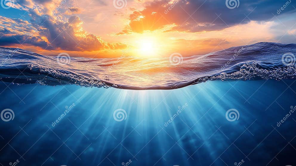 Underwater Sunlight, Ocean Surface Waves, Dramatic Sunset Cloudscape, Nature Background Stock ...