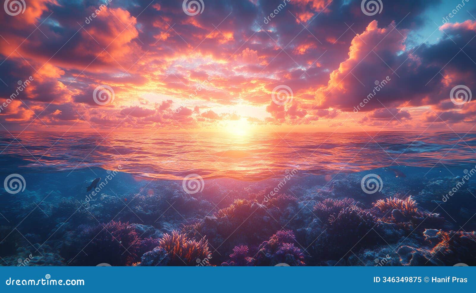 Underwater and Sunset Separated by the Water Line at Sunset Stock ...