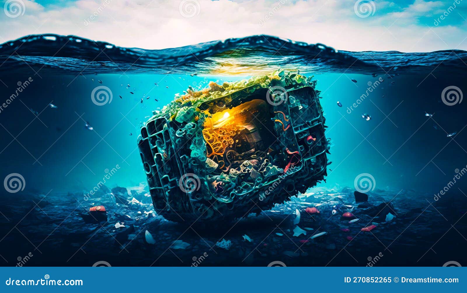 An Underwater Trash Can Floating in the Ocean Generative AI. Stock ...