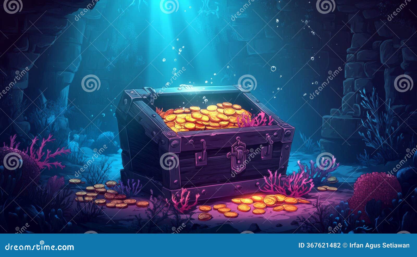 Underwater Treasure Chests With Colorful Fish And Coral Reef Stock ...