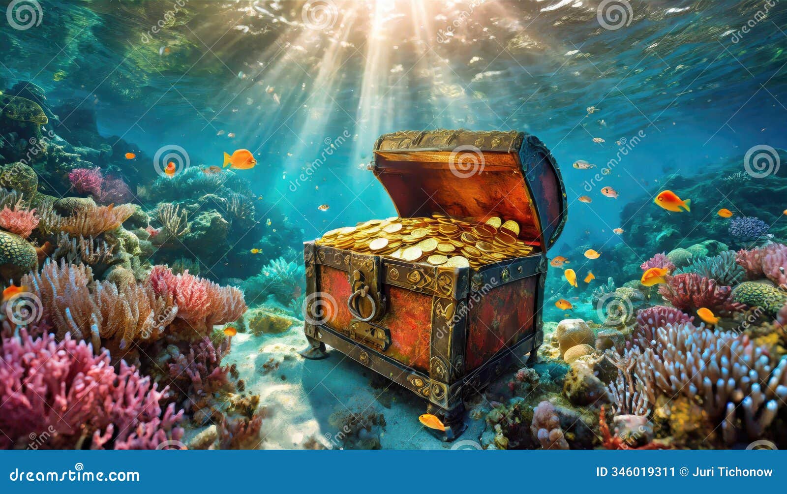 Underwater Treasure Chest Surrounded by Coral Reef and Small Fish ...