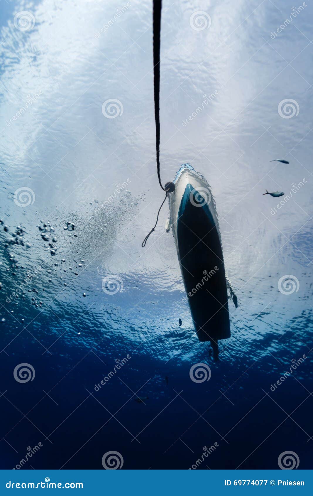 Underwater View of Bottom of Dive Boat on Surface of Blue Waters Stock ...