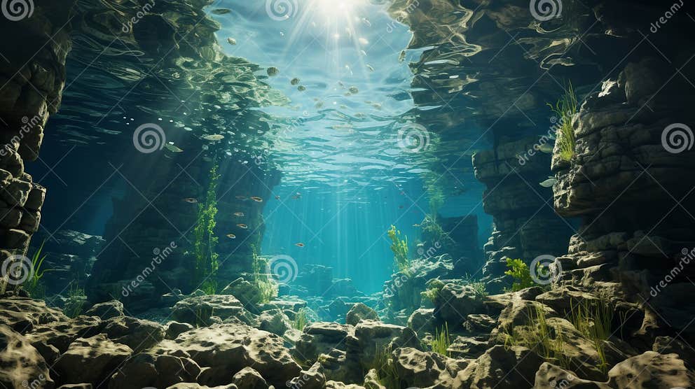Underwater View of Building with Columns and Rocks. Generative AI ...