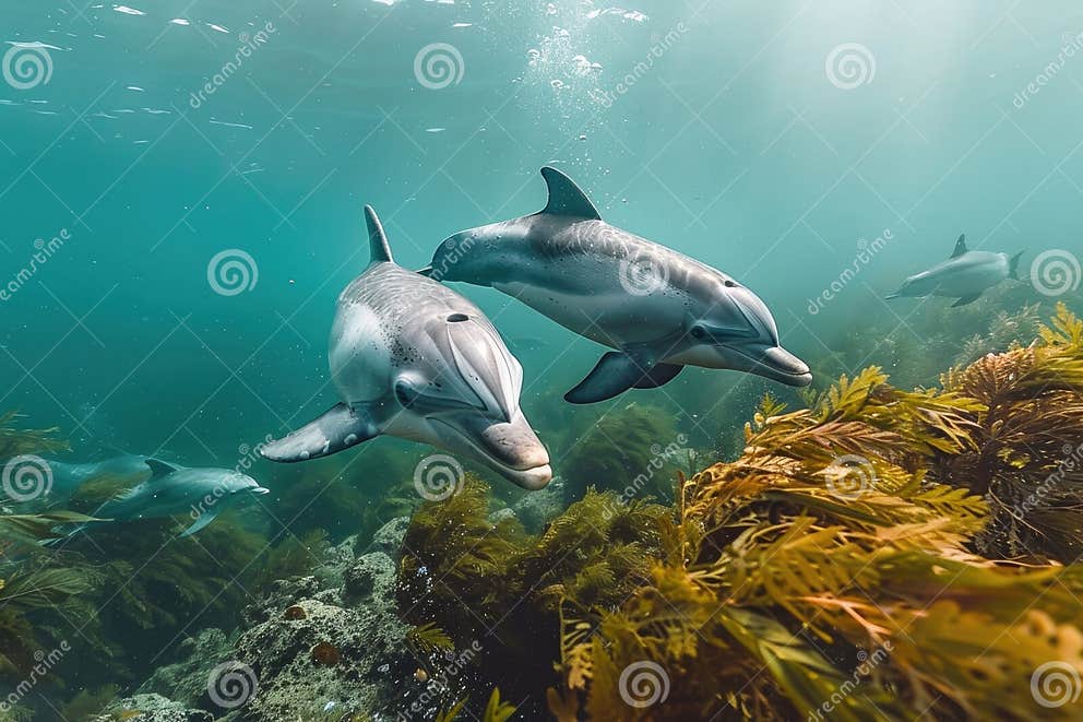 Underwater View of Dolphins Swimming in the Deep Blue Ocean Stock Photo ...