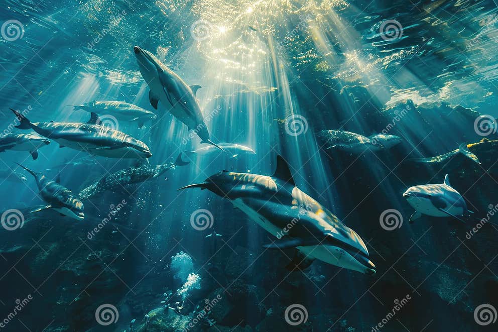 Underwater View of Dolphins Swimming in the Deep Blue Ocean Stock Photo ...