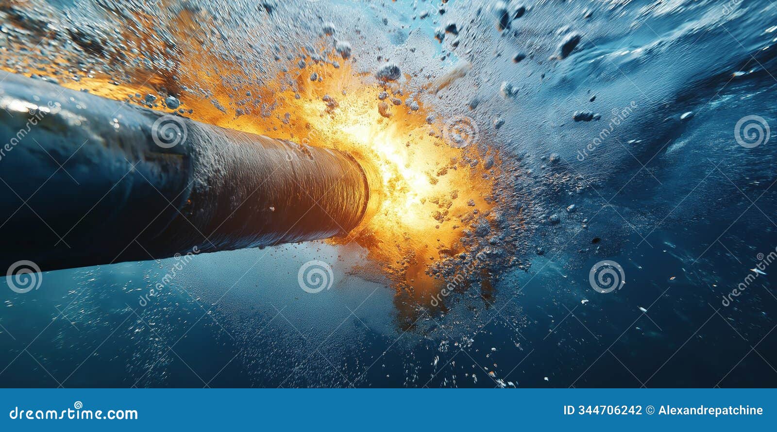 Underwater Gas Pipe Exploding with Flames and Bubbles Stock ...