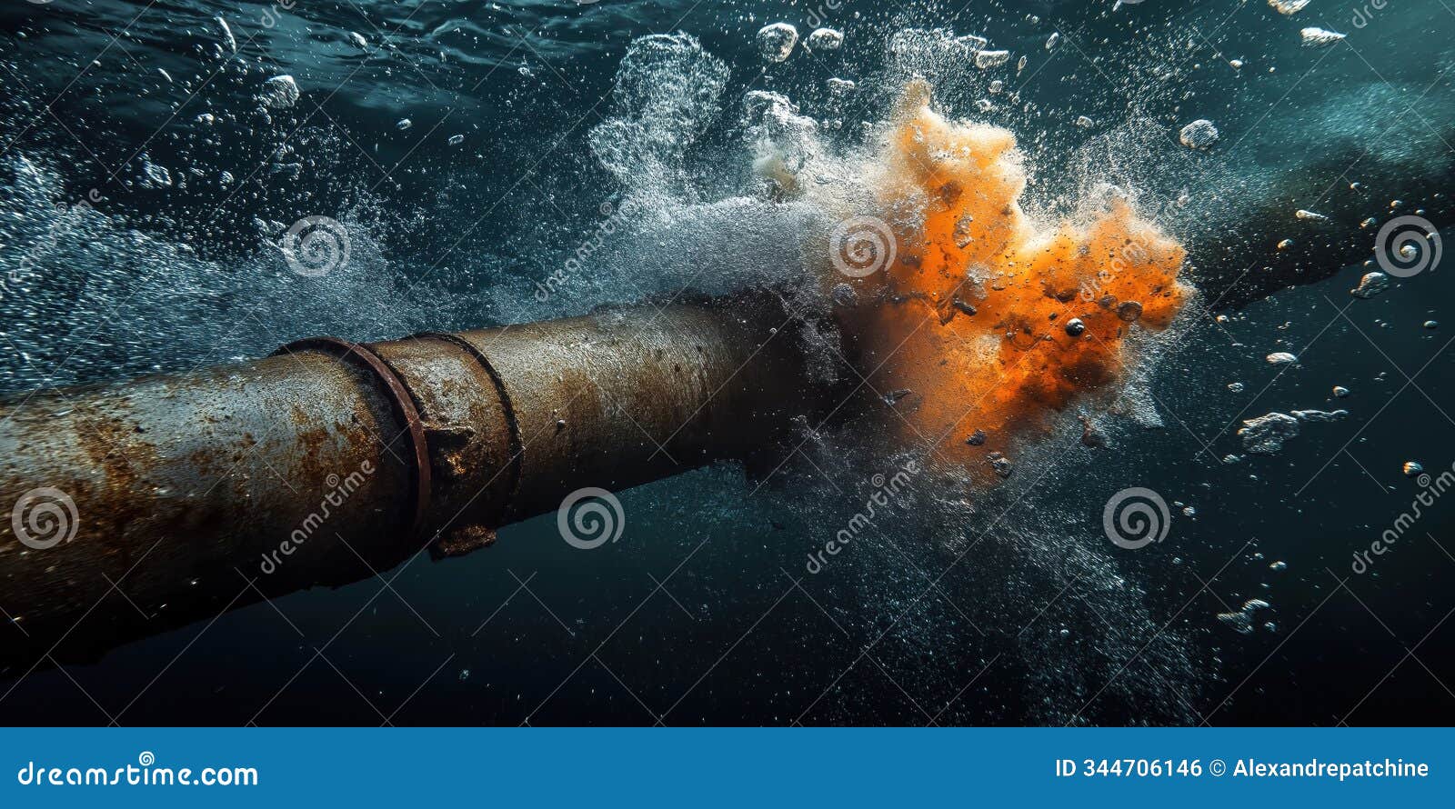Underwater Gas Pipe Explosion Releasing Orange Cloud and Bubbles Stock ...