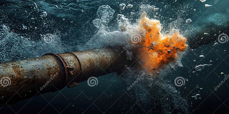Underwater Gas Pipe Explosion Releasing Orange Cloud and Bubbles Stock ...