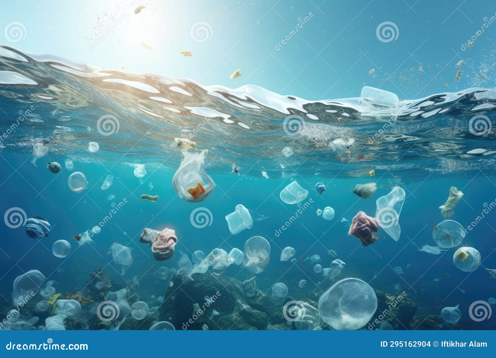 Underwater View of Plastic Trash Floating in Ocean. Pollution Concept ...