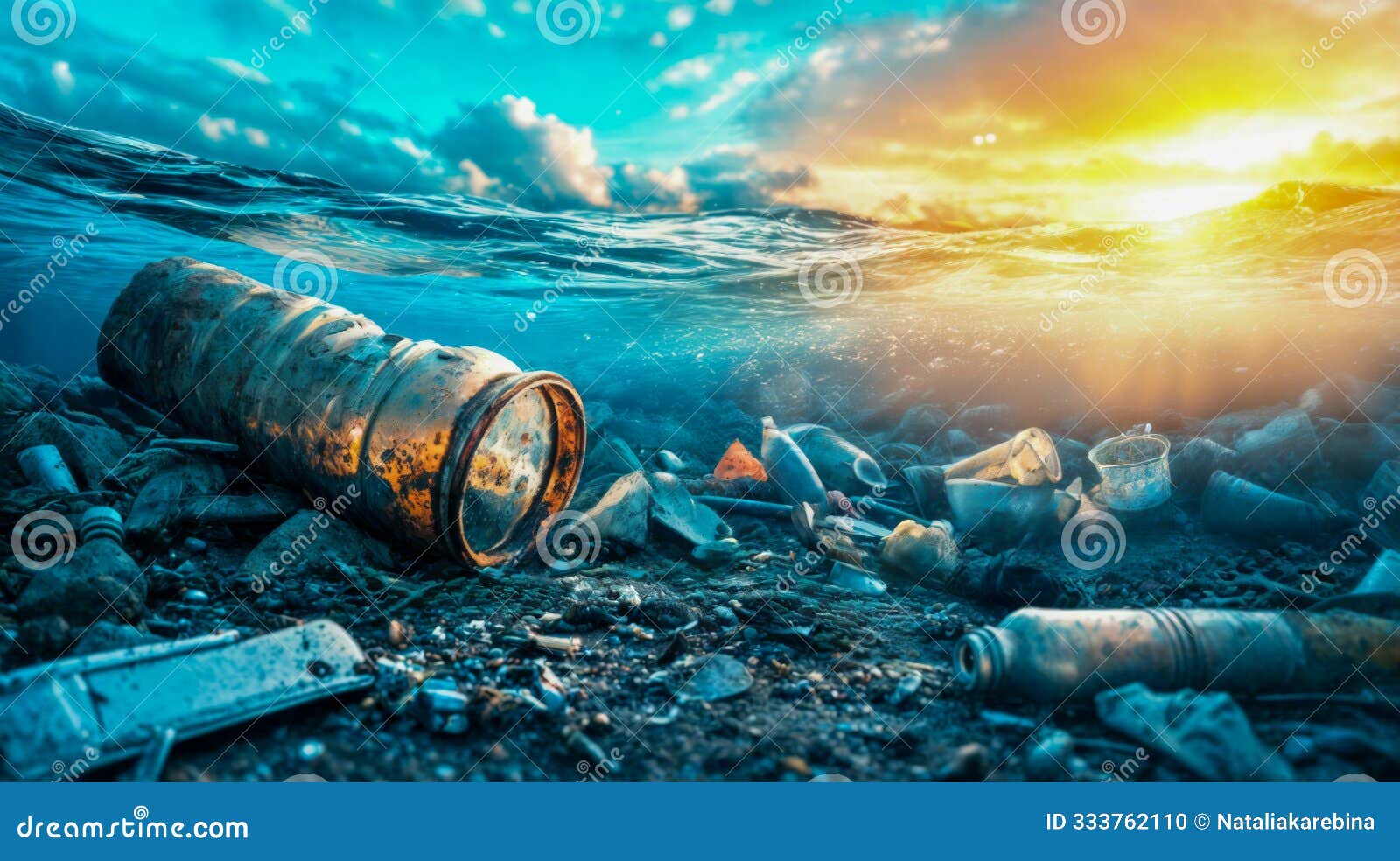 Underwater View of Pollution with Various Trash Items Scattered on the ...