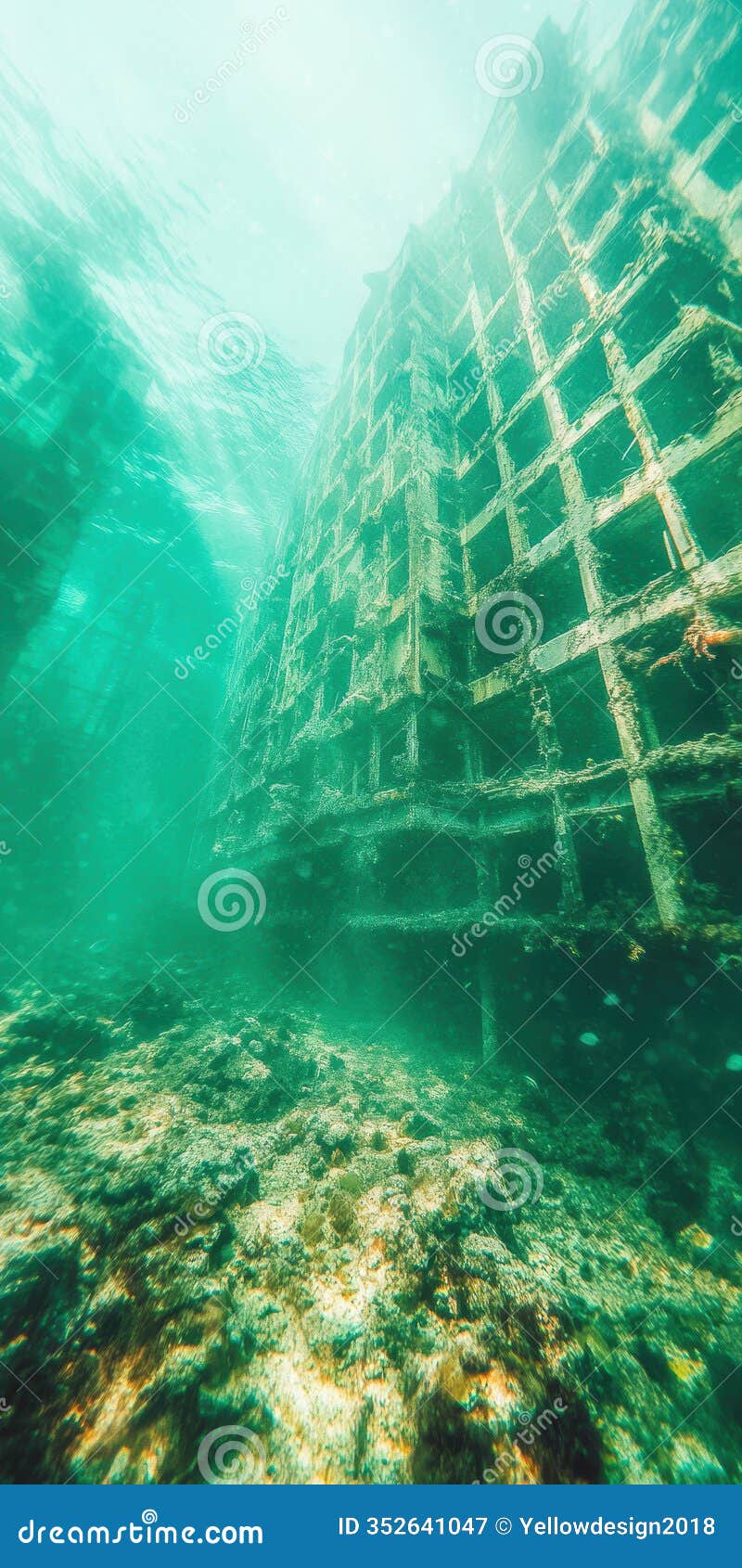 Underwater View of a Sunken Concrete Structure in a Vibrant Teal Ocean ...
