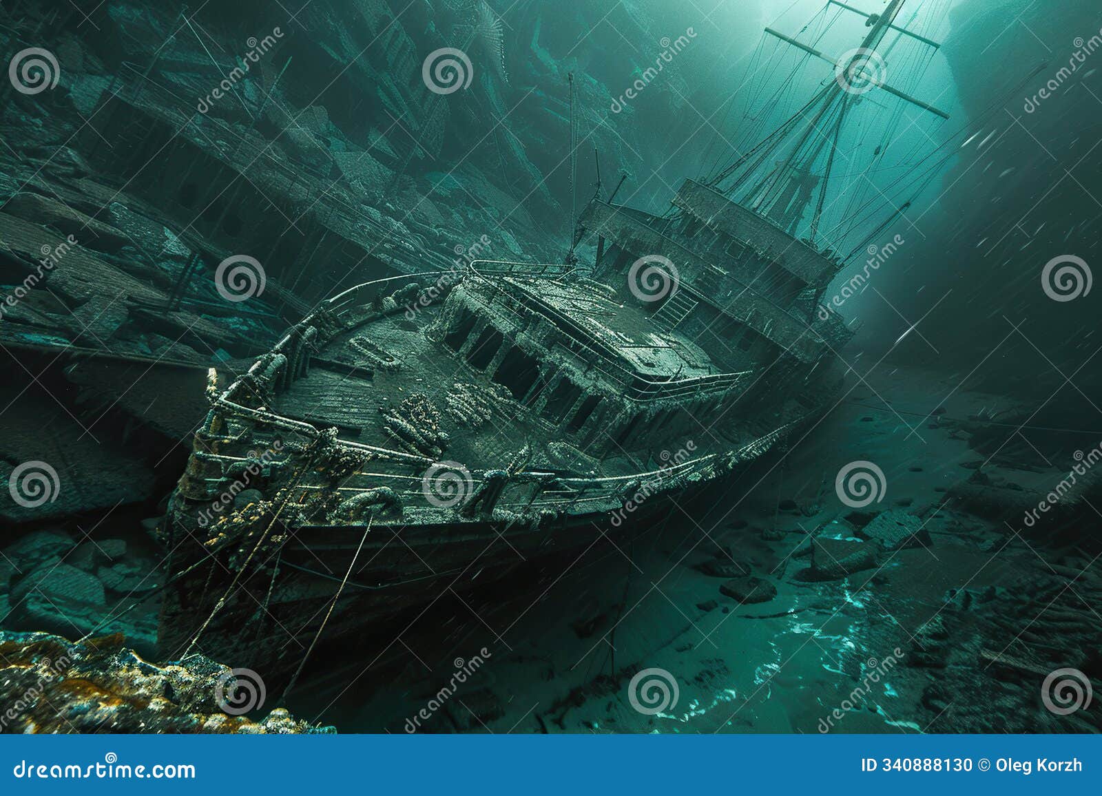 Underwater View of an Sunken Ship on Seabed with Fish Swimming Around ...
