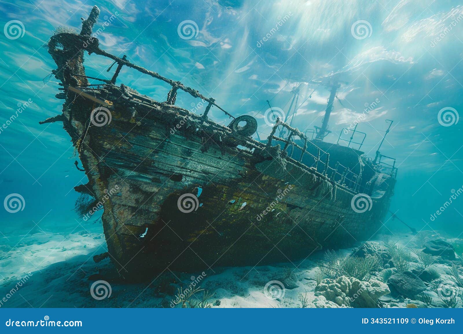 Underwater View of an Sunken Ship on Seabed with Fish Swimming Around ...