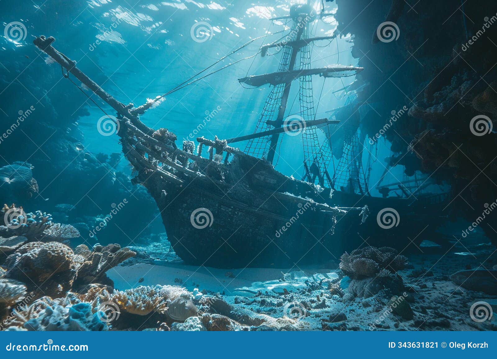 Underwater View of an Sunken Ship on Seabed with Fish Swimming Around ...