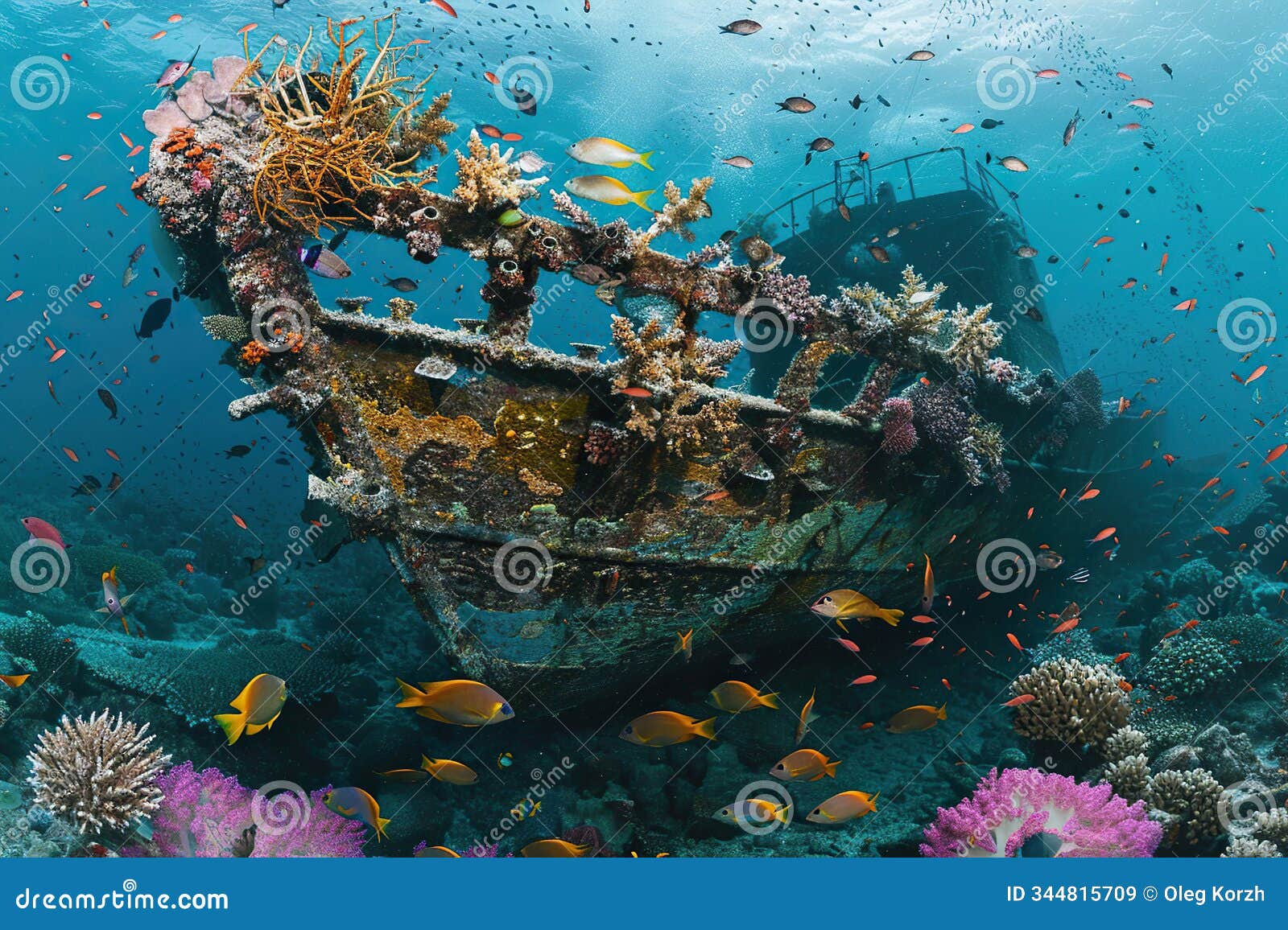 Underwater View of an Sunken Ship on Seabed with Fish Swimming Around ...
