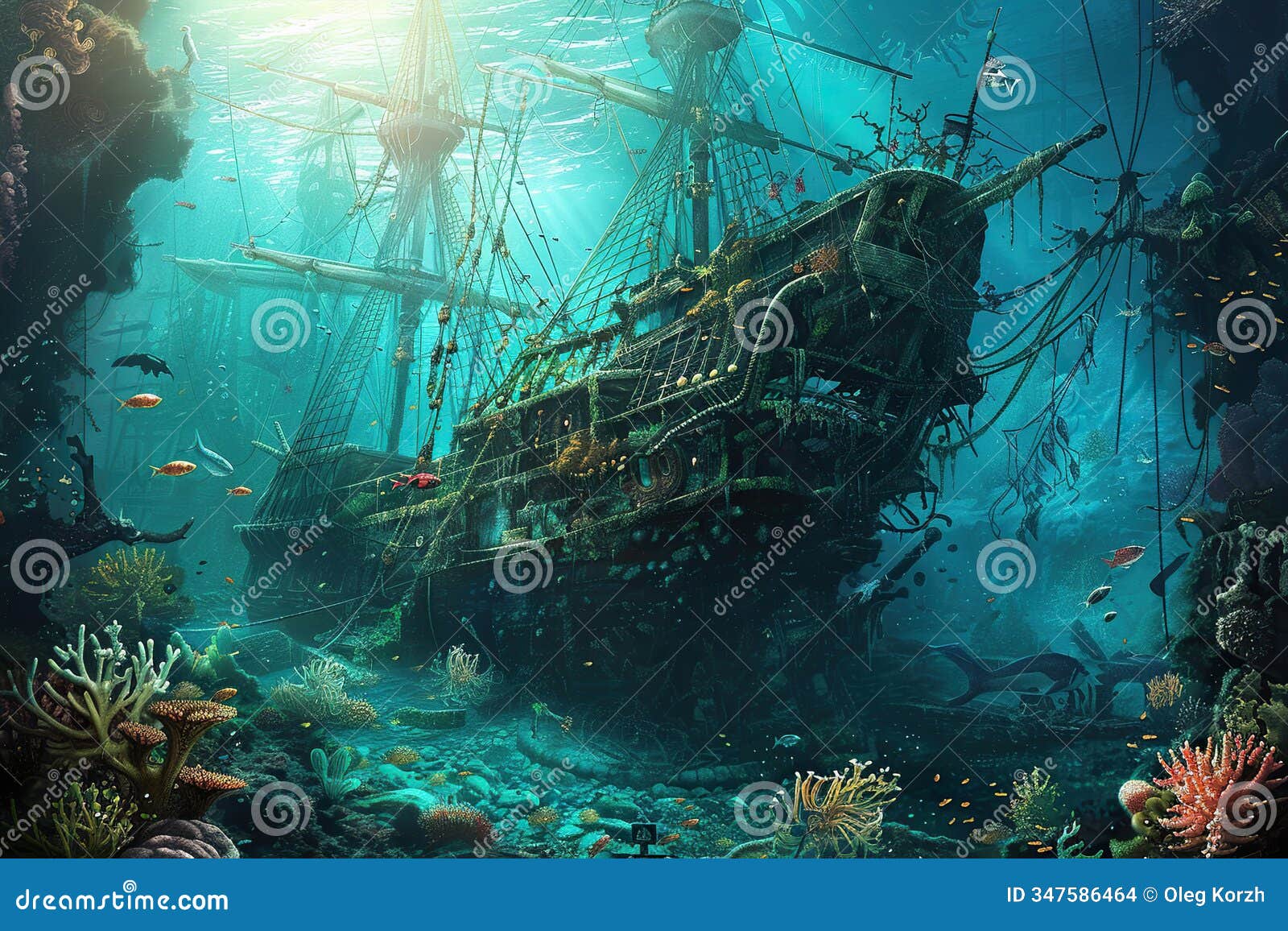 Underwater View of an Sunken Ship on Seabed with Fish Swimming Around ...